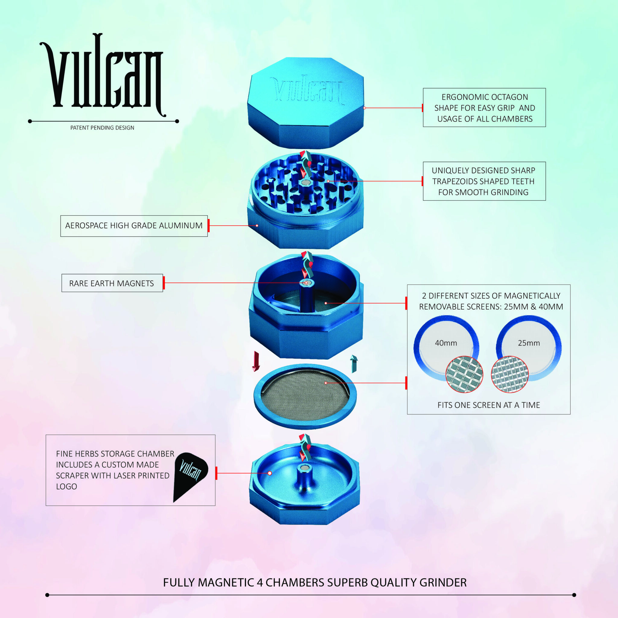 Vulcan 75mm Fully Magnetic 4pc Herb Grinder-Blue - Vulcan Grinders