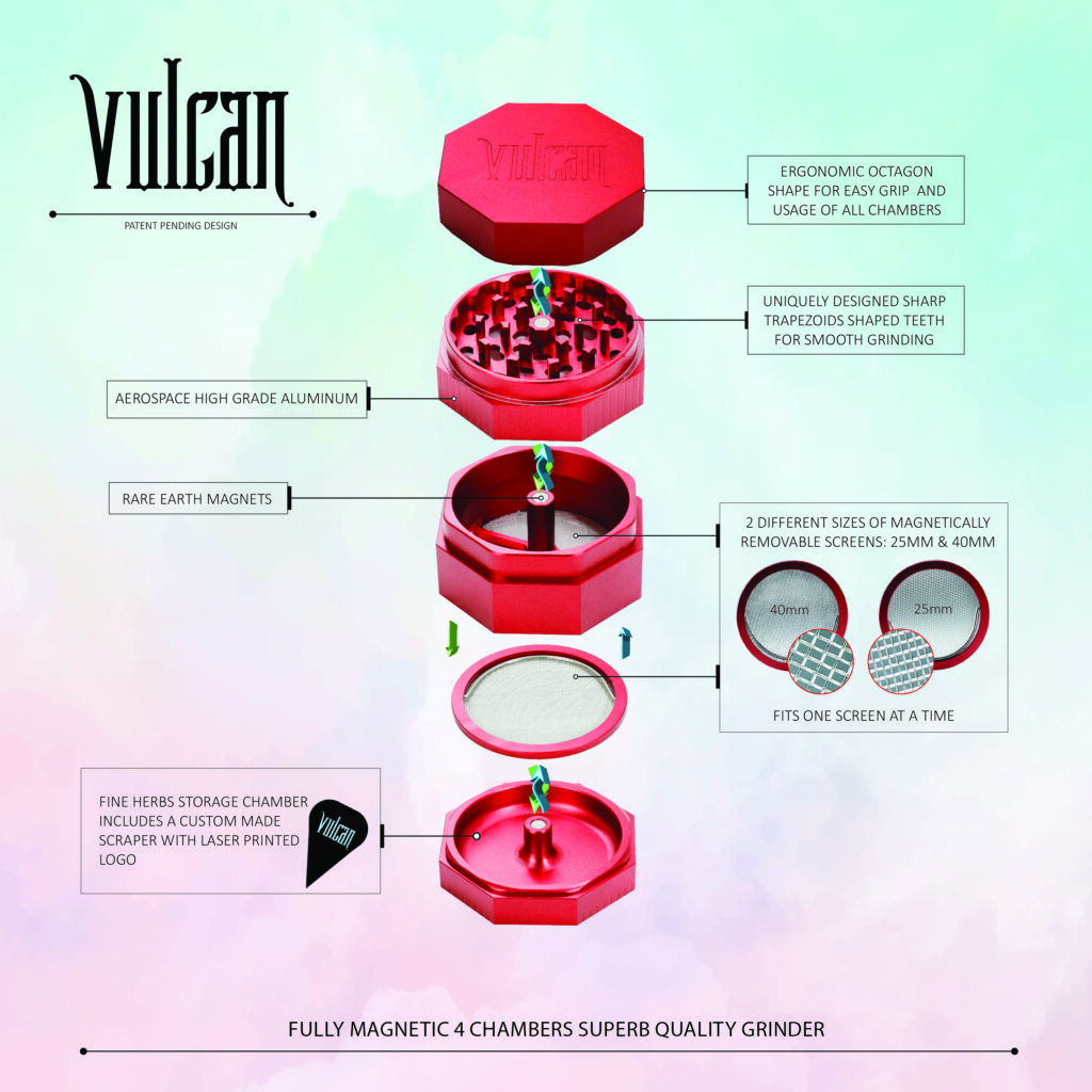 Vulcan 75mm Fully Magnetic 4pc Herb Grinder-Red - Vulcan Grinders